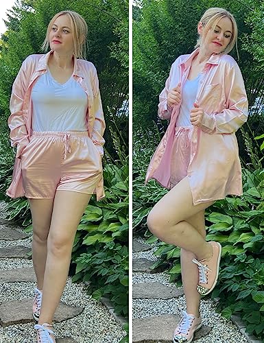 SWOMOG Casual Pink Outfits Button Down Pajamas Pjs Women's Silk Satin Long Sleeve Shirts and Shorts 2 Piece Lounge Sets