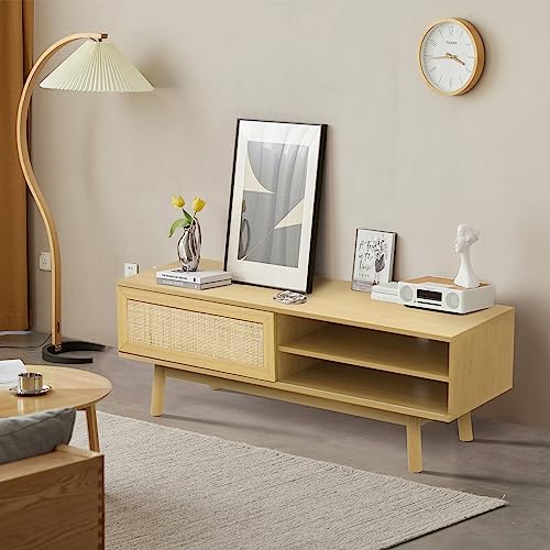 EOYUTLLY Farmhouse Rattan TV Stand 46.8" Boho tv Stand Muebles para TV with 1 Doors and 2 Open Shelves Mid Century Modern TV Stand for Living Room Bedroom Furniture