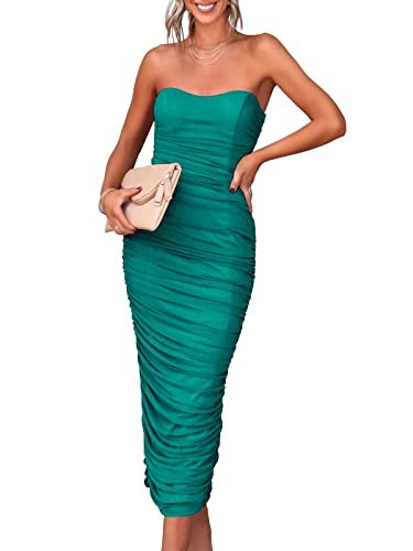 ANRABESS Women Ruched Bodycon Dress 2023 Summer Sexy Strapless Sleeveless Slit Party Cocktail Club Night Dresses Elagant Wedding Guest Evening Graduation Prom Dress 883huqing-M Lake Green