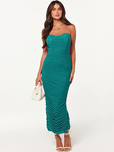 ANRABESS Women Ruched Bodycon Dress 2023 Summer Sexy Strapless Sleeveless Slit Party Cocktail Club Night Dresses Elagant Wedding Guest Evening Graduation Prom Dress 883huqing-M Lake Green