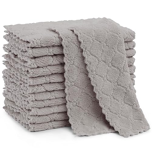 Homaxy 12 Pack Kitchen Dish Cloths(10 x 10 Inches, Grey), Super Soft and Absorbent Coral Velvet Dish Towels, Nonstick Oil Fast Drying Kitchen Cleaning Cloths, Lint Free Household Dishcloths