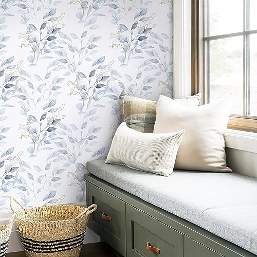 HeloHo 15.35" X 78.7" Green Blue Leaf Wallpaper for Bedroom Peel and Stick Self Adhesive Removable Wallpaper Waterproof Contact Paper for Furniture Living Room Bedroom Decor