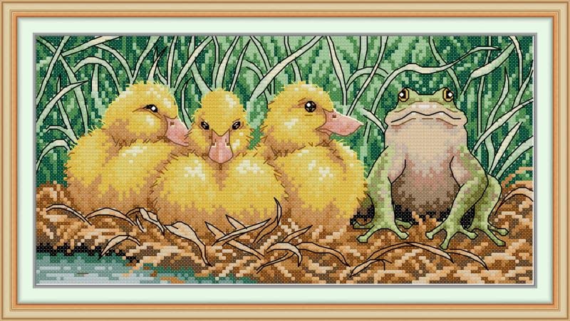 14 CT Cross Stitch Kits for Beginners Ducks & Frog Printed Stamped Cross-Stitch Supplies Needlework Printed Embroidery Kits DIY Kits Needlepoint Starter Kits 33×18cm