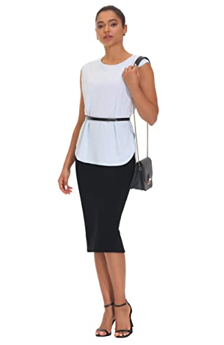 THE GYM PEOPLE Women's High Waist Tummy Control Pencil Skirts Stretchy Bodycon Midi Skirt Below Knee with Back Slit Black