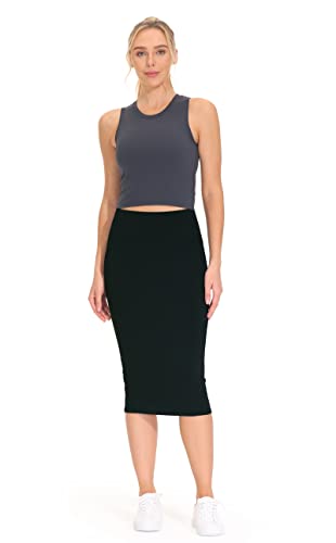 THE GYM PEOPLE Women's High Waist Tummy Control Pencil Skirts Stretchy Bodycon Midi Skirt Below Knee with Back Slit Black