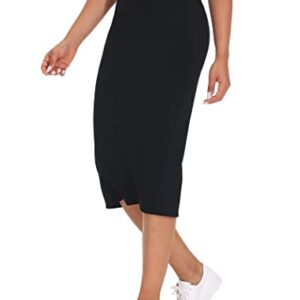 THE GYM PEOPLE Women's High Waist Tummy Control Pencil Skirts Stretchy Bodycon Midi Skirt Below Knee with Back Slit Black