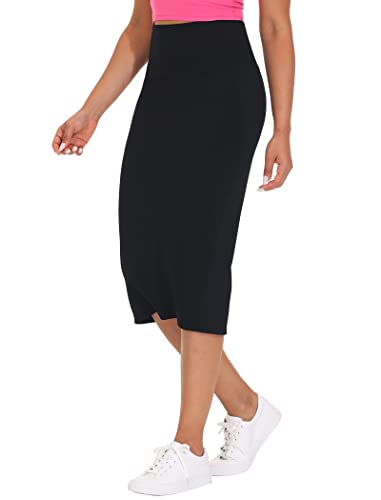 THE GYM PEOPLE Women's High Waist Tummy Control Pencil Skirts Stretchy Bodycon Midi Skirt Below Knee with Back Slit Black