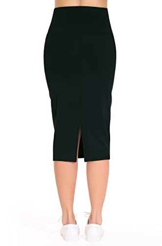 THE GYM PEOPLE Women's High Waist Tummy Control Pencil Skirts Stretchy Bodycon Midi Skirt Below Knee with Back Slit Black