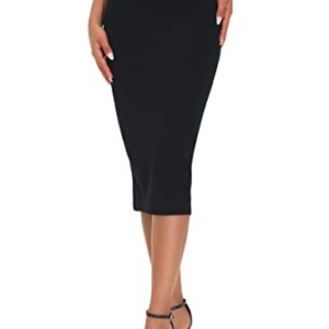 THE GYM PEOPLE Women's High Waist Tummy Control Pencil Skirts Stretchy Bodycon Midi Skirt Below Knee with Back Slit Black