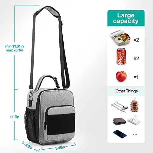 Tactical Small Lunch Box for Women Men, Insulated Lunch Bag for Adults, With Shoulder Strap Reusable Portable Lunch Tote for Work Office,Grey