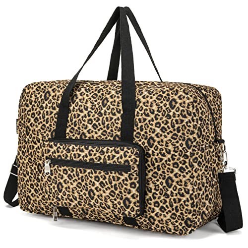 EXYANGEE Foldable Travel Duffel Bag, Medium Women's Weekender and Overnight bag carry on Luggage bag for Women and Girl（leopard）