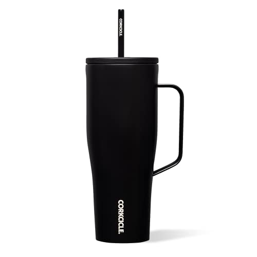 Corkcicle Tumbler With Straw,Lid, and Handle, Reusable Water Bottle, Triple Insulated Stainless Steel Travel Mug, BPA Free, Keeps Beverages Cold for 12 Hours and Hot for 5 Hours, Matte Black, 30 oz