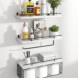 Mefirt Floating Shelves, 3+2 Tier Bathroom Shelves with Paper Towel Holder & Towel Bar, Wood Wall Décor Shelves Over Toilet with Wire Storage Basket & Guardrail, Farmhouse Floating Shelf - White