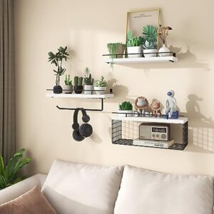 Mefirt Floating Shelves, 3+2 Tier Bathroom Shelves with Paper Towel Holder & Towel Bar, Wood Wall Décor Shelves Over Toilet with Wire Storage Basket & Guardrail, Farmhouse Floating Shelf - White