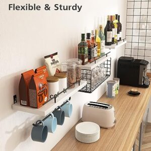 Mefirt Floating Shelves, 3+2 Tier Bathroom Shelves with Paper Towel Holder & Towel Bar, Wood Wall Décor Shelves Over Toilet with Wire Storage Basket & Guardrail, Farmhouse Floating Shelf - White