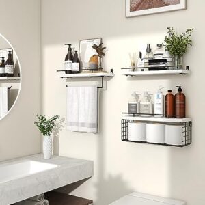 Mefirt Floating Shelves, 3+2 Tier Bathroom Shelves with Paper Towel Holder & Towel Bar, Wood Wall Décor Shelves Over Toilet with Wire Storage Basket & Guardrail, Farmhouse Floating Shelf - White