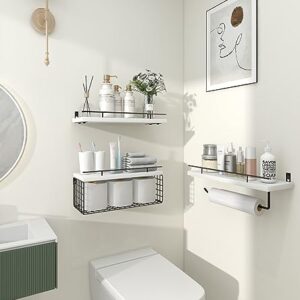 Mefirt Floating Shelves, 3+2 Tier Bathroom Shelves with Paper Towel Holder & Towel Bar, Wood Wall Décor Shelves Over Toilet with Wire Storage Basket & Guardrail, Farmhouse Floating Shelf - White