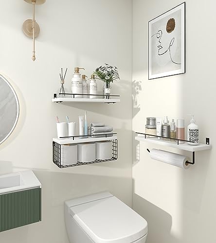 Mefirt Floating Shelves, 3+2 Tier Bathroom Shelves with Paper Towel Holder & Towel Bar, Wood Wall Décor Shelves Over Toilet with Wire Storage Basket & Guardrail, Farmhouse Floating Shelf - White