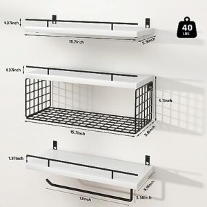 Mefirt Floating Shelves, 3+2 Tier Bathroom Shelves with Paper Towel Holder & Towel Bar, Wood Wall Décor Shelves Over Toilet with Wire Storage Basket & Guardrail, Farmhouse Floating Shelf - White