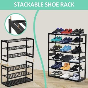 Jripae Bamboo Shoe Rack for Entryway, 3-Tier Stackable Dampproof Black Shoe Racks for Closet Closet Hallway Waterproof Shoe Organizer (Bamboo)