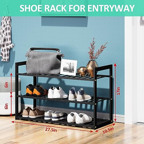 Jripae Bamboo Shoe Rack for Entryway, 3-Tier Stackable Dampproof Black Shoe Racks for Closet Closet Hallway Waterproof Shoe Organizer (Bamboo)