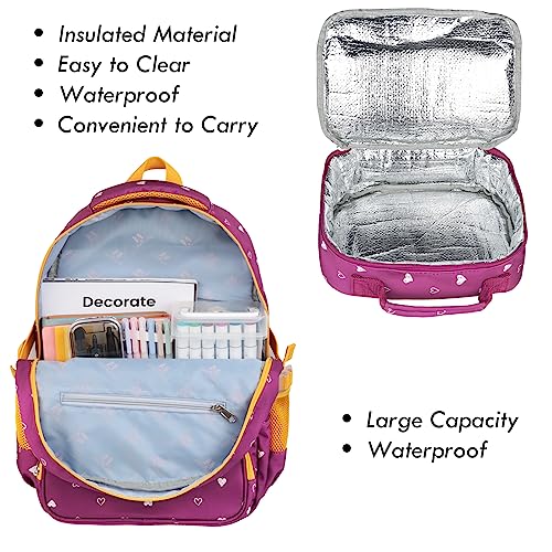 DUPHLAGT Kids Backpack for Girls with Lunch Box, Water Resistant Casual School Bag, Lightweight Elementary Daypack School Backpack for Teen Girls (Purple)