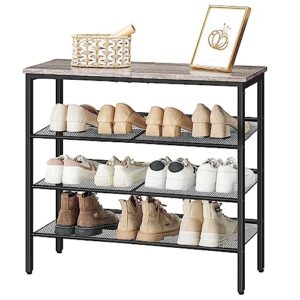 HOOBRO Shoe Rack, 4-Tier Shoe Rack, Shoe Shelf for Entryway, Closet, Holds 12-15 Pairs of Shoes, Shoe Storage Organizer with 3 Metal Mesh Shelves, Solid and Stable, Industrial, Greige BG42XJ01