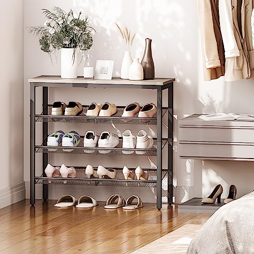 HOOBRO Shoe Rack, 4-Tier Shoe Rack, Shoe Shelf for Entryway, Closet, Holds 12-15 Pairs of Shoes, Shoe Storage Organizer with 3 Metal Mesh Shelves, Solid and Stable, Industrial, Greige BG42XJ01