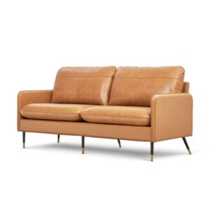 Z-hom 79" Top-Grain Leather Sofa, 3 Seater Leather Couch, Mid-Century Modern Couch for Living Room Bedroom Apartment Office, Cognac Tan