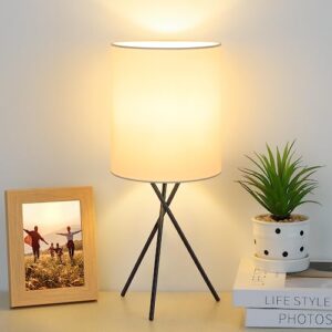 folksmate bedside table lamp with black metal base, modern small desk lamp, nightstand lamp with white linen fabric lampshade, side table lamp for bedroom living room home office, bulb not included