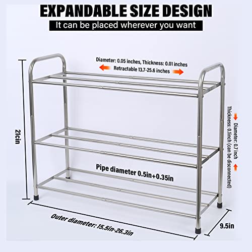 GREATSK 3-Tier Expandable Shoe Rack, Stackable and Adjustable Shoes Organizer Storage Shelf, Sturdy and Durable Metal Structure Free Standing Shoe Rack for Closet Entryway Doorway