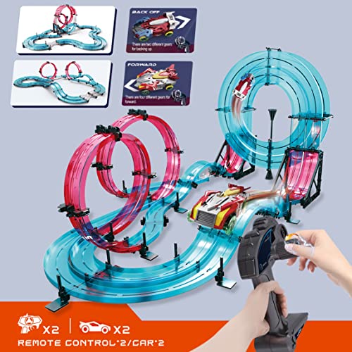 INSGEN Slot Car Race Track Sets for Kids, Hot Wheels Magnetic Attraction Track Builder, Electric Remote Control Track Car Birthday Toys for Boys Kids Age 6 7 8-12