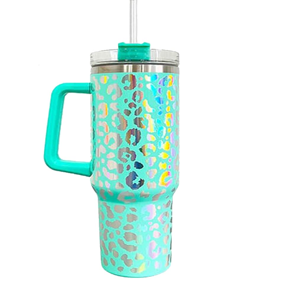 Holographic Leopard Tumbler 40 oz with Handle, Water Bottle, Gifts for Women & Men, Insulated Cup with Lid and Straw, Simple Modern, Water Bottles & Stanley Cups Trending Tumbler Gift 3D Green