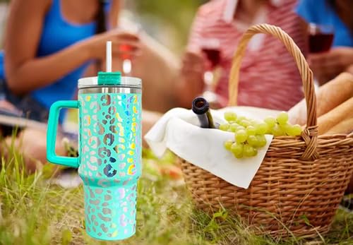 Holographic Leopard Tumbler 40 oz with Handle, Water Bottle, Gifts for Women & Men, Insulated Cup with Lid and Straw, Simple Modern, Water Bottles & Stanley Cups Trending Tumbler Gift 3D Green