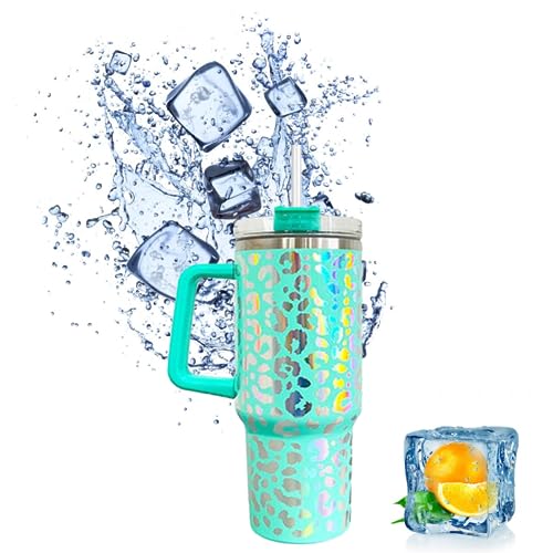 Holographic Leopard Tumbler 40 oz with Handle, Water Bottle, Gifts for Women & Men, Insulated Cup with Lid and Straw, Simple Modern, Water Bottles & Stanley Cups Trending Tumbler Gift 3D Green