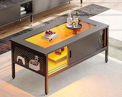 Bestier 42 Inch LED Coffee Table with Storage Glass Coffee Tables for Living Room with Sliding Doors, Black Living Room Center Table