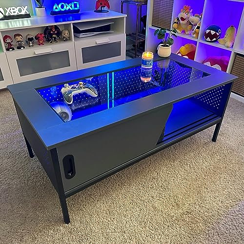 Bestier 42 Inch LED Coffee Table with Storage Glass Coffee Tables for Living Room with Sliding Doors, Black Living Room Center Table