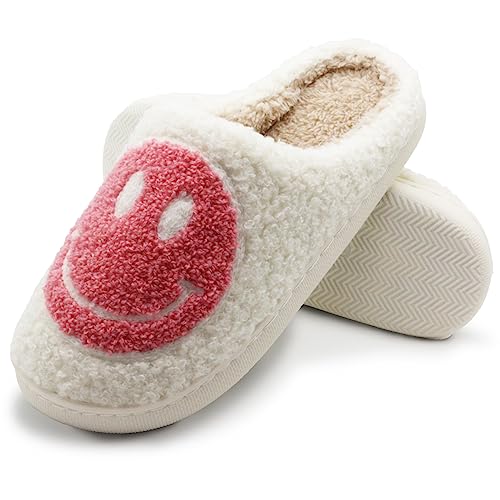 Retro Fuzzy Face Slippers for Women Men, Soft Plush Warm Slip-on Couple Style Casual Smiley Face Slippers Cozy Indoor Outdoor Lightweight Anti-Skid Sole Cute House Slippers with Memory Foam (Pink, 6.5)