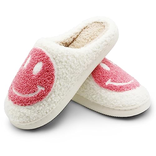 Retro Fuzzy Face Slippers for Women Men, Soft Plush Warm Slip-on Couple Style Casual Smiley Face Slippers Cozy Indoor Outdoor Lightweight Anti-Skid Sole Cute House Slippers with Memory Foam (Pink, 6.5)