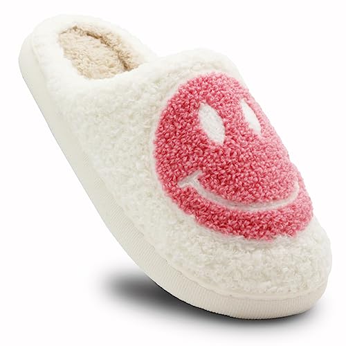 Retro Fuzzy Face Slippers for Women Men, Soft Plush Warm Slip-on Couple Style Casual Smiley Face Slippers Cozy Indoor Outdoor Lightweight Anti-Skid Sole Cute House Slippers with Memory Foam (Pink, 6.5)