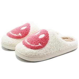 Retro Fuzzy Face Slippers for Women Men, Soft Plush Warm Slip-on Couple Style Casual Smiley Face Slippers Cozy Indoor Outdoor Lightweight Anti-Skid Sole Cute House Slippers with Memory Foam (Pink, 6.5)