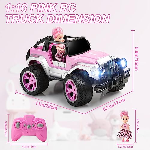 Carox Remote Control Car for Girls, Pink RC Car with Doll and Sticker for Ages 4-10 Years Old Girls, 80 mins with Rechargeable Battery, 1:16 Scale 2.4Ghz, Birthday for Grils,OX11S