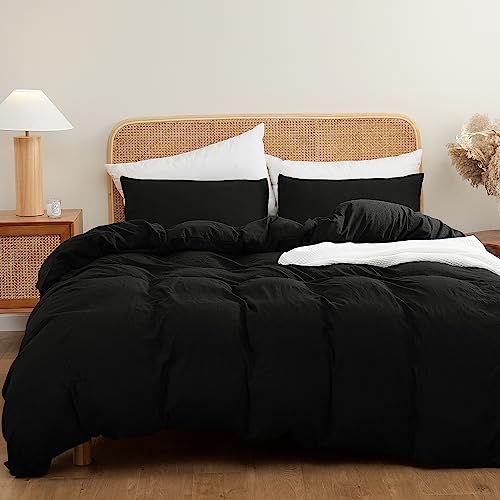 ATsense Duvet Cover Queen Size, Super Soft 100% Washed Microfiber 3 Piece Black Comforter Cover Bedding Set with Zipper Closure, 1 Duvet Cover 90x90 and 2 Pillowcases