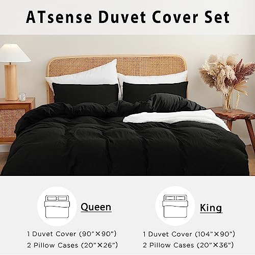 ATsense Duvet Cover Queen Size, Super Soft 100% Washed Microfiber 3 Piece Black Comforter Cover Bedding Set with Zipper Closure, 1 Duvet Cover 90x90 and 2 Pillowcases