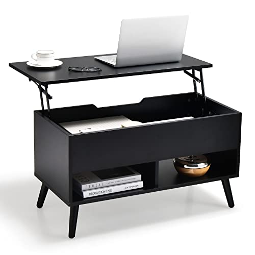 Tangkula Lift Top Coffee Table, Modern Cocktail Table with Hidden Compartment & 2 Open Shelves, Flip Top Center Table, Wooden Pull up Coffee Table for Living Room, Reception Room, Office (Black)