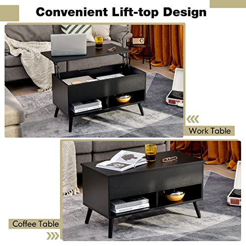 Tangkula Lift Top Coffee Table, Modern Cocktail Table with Hidden Compartment & 2 Open Shelves, Flip Top Center Table, Wooden Pull up Coffee Table for Living Room, Reception Room, Office (Black)