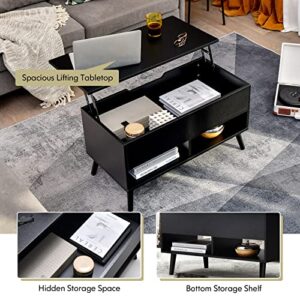 Tangkula Lift Top Coffee Table, Modern Cocktail Table with Hidden Compartment & 2 Open Shelves, Flip Top Center Table, Wooden Pull up Coffee Table for Living Room, Reception Room, Office (Black)