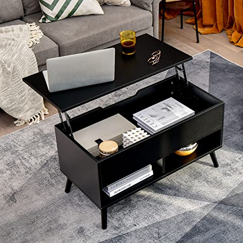 Tangkula Lift Top Coffee Table, Modern Cocktail Table with Hidden Compartment & 2 Open Shelves, Flip Top Center Table, Wooden Pull up Coffee Table for Living Room, Reception Room, Office (Black)