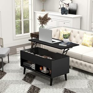 Tangkula Lift Top Coffee Table, Modern Cocktail Table with Hidden Compartment & 2 Open Shelves, Flip Top Center Table, Wooden Pull up Coffee Table for Living Room, Reception Room, Office (Black)