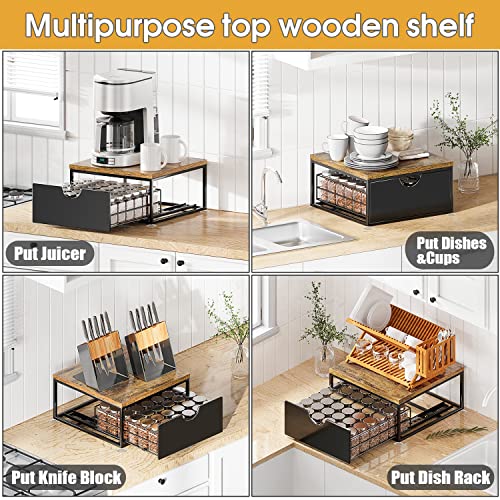 FOOZOUP Pull Out Spice Rack Organizer for Countertop Cabinet with Wood Shelf,Drawer Metal Pull Down Spice Drawer Can Hold 36 Jars